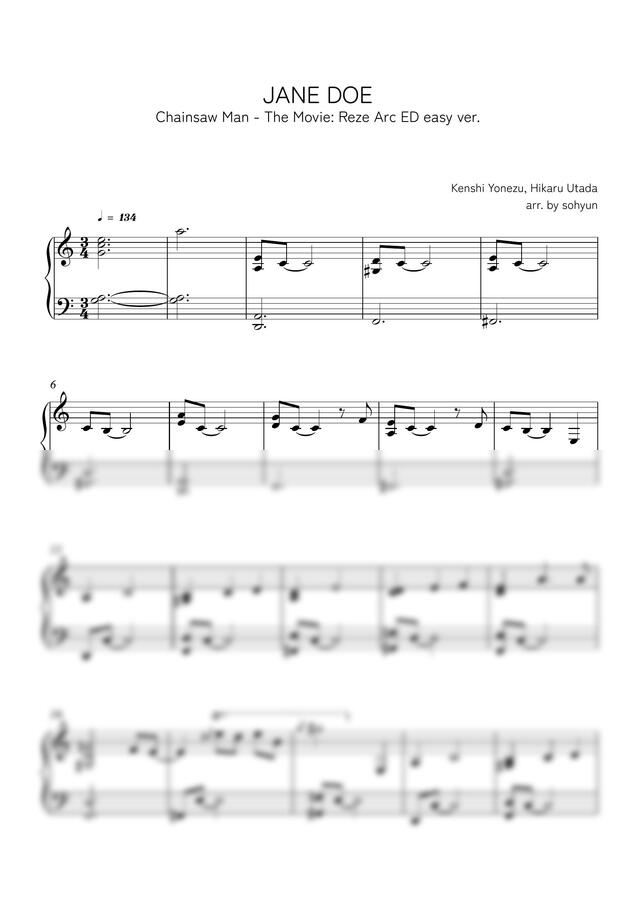 악보 > 체인소맨 레제편 ED - JANE DOE(요네즈켄시,우타다 히카루) (쉬운 전조버전) by sohyun