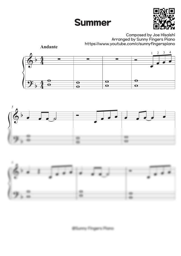 악보 > 히사이시조 - Summer 썸머(기쿠지로의 여름 OST) (바이엘 3 이상) by Sunny Fingers Piano