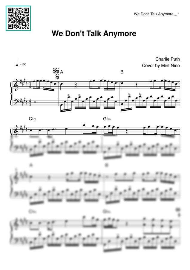 악보 > Charlie Puth - We don't talk anymore by Mint Nine