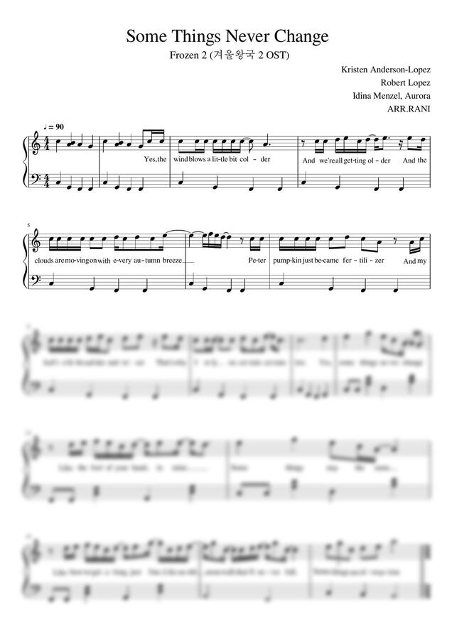 악보 > 겨울왕국2 OST - Some Things Never Change (다장조) by Rani Score