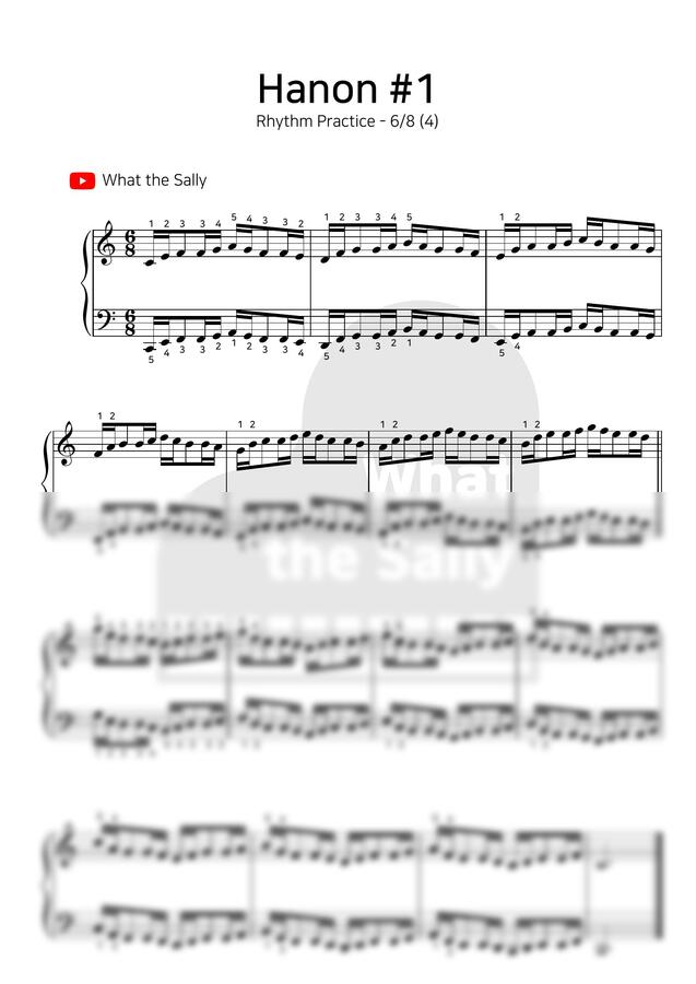 악보 > C.L. Hanon (하농) - 1~20번 (8분의 6박자 연습 (4), 양손, 왼손화음 두 가지 연습 방법)