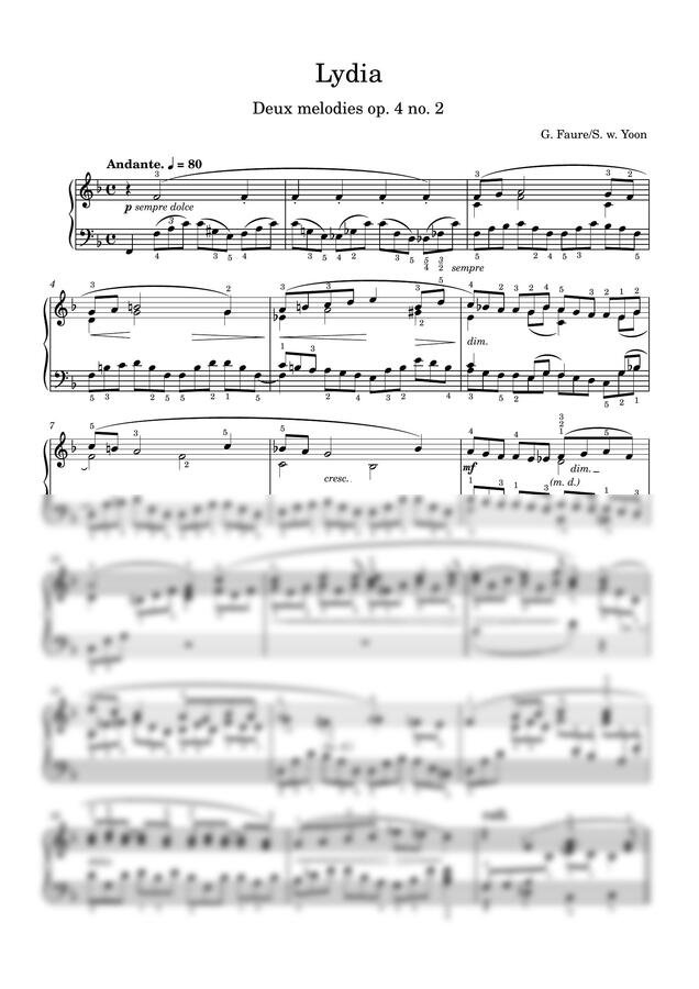 악보 > G. Faure(포레) - op. 4 no. 2 'Lydia' (piano solo) | Mufre