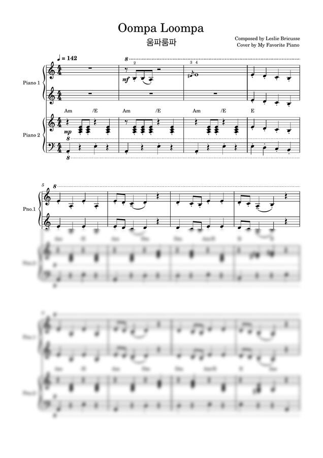 악보 > 웡카 OST - 움파룸파 Oompa Loompa (포핸즈, 쉬운) by My Favorite Piano