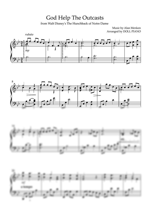 악보 > 노트르담의 꼽추 OST - God Help The Outcasts (원키& 다장조) by DOLL PIANO