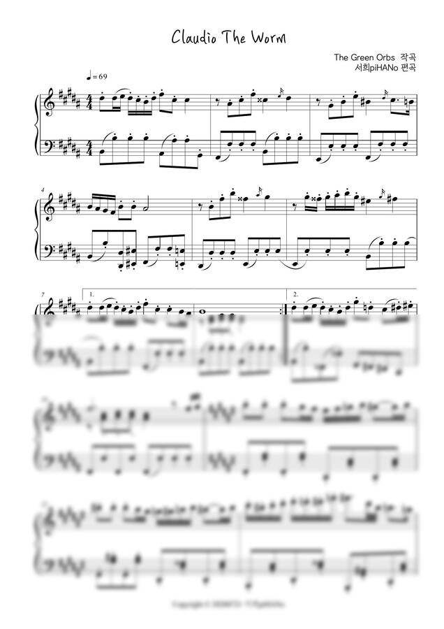 악보 > The Green Orbs - Claudio The Worm (유튜브 브금, 조표 적은 악보 포함) by 서희piHANo