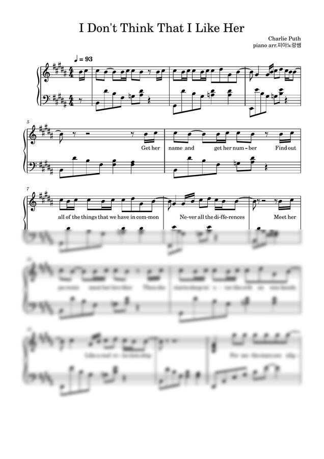 악보 > Charlie Puth - I don't think that I like her by 피아노랑쌤