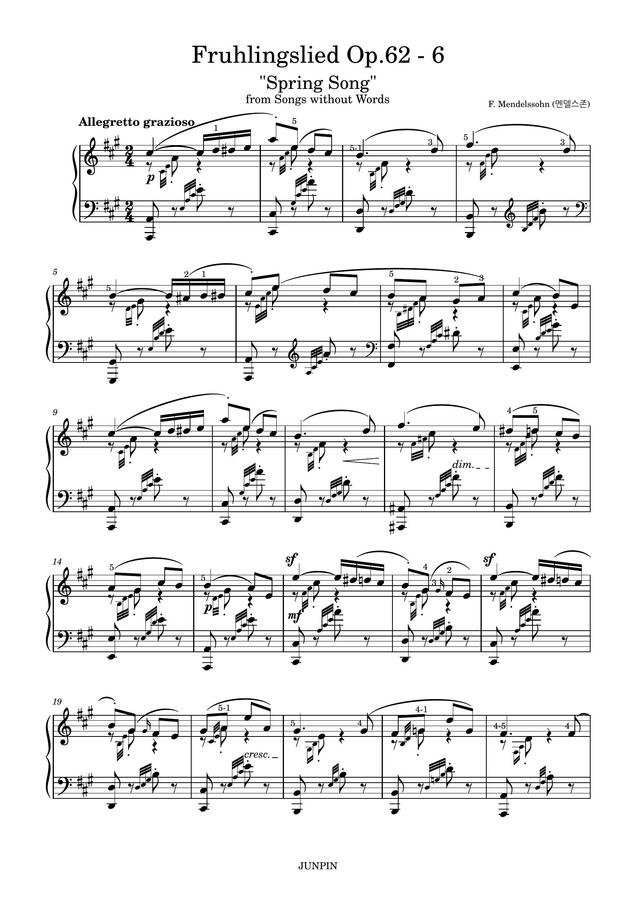 악보 > F. Mendelssohn (멘델스존) - Song without words Op.62 No.6 "봄노래" by JUNPIN