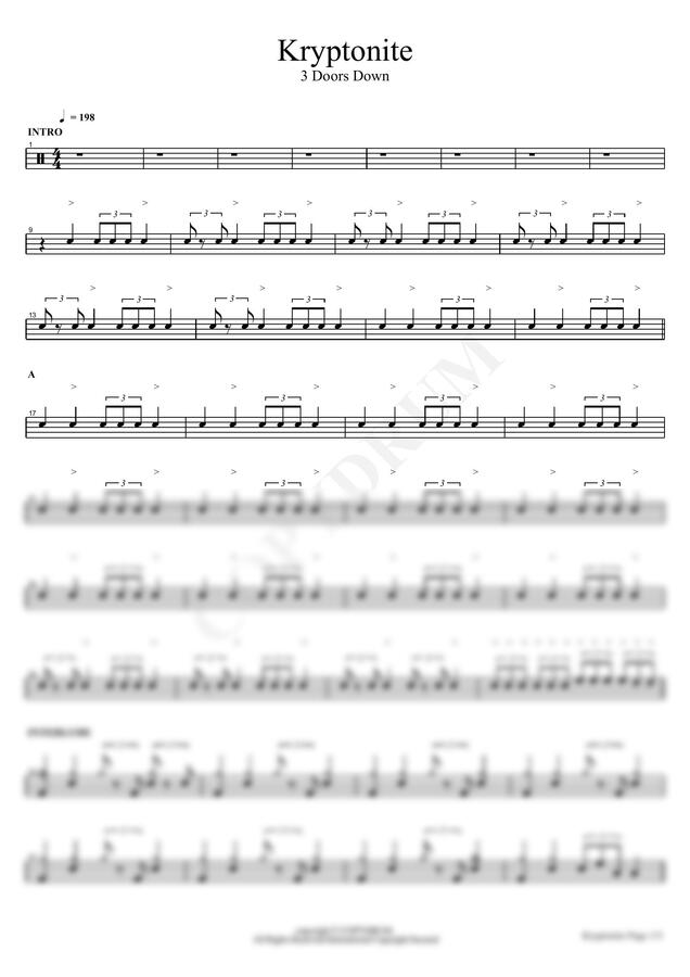 3 Doors Down - Kryptonite - COPYDRUM 드럼 악보 | 마피아