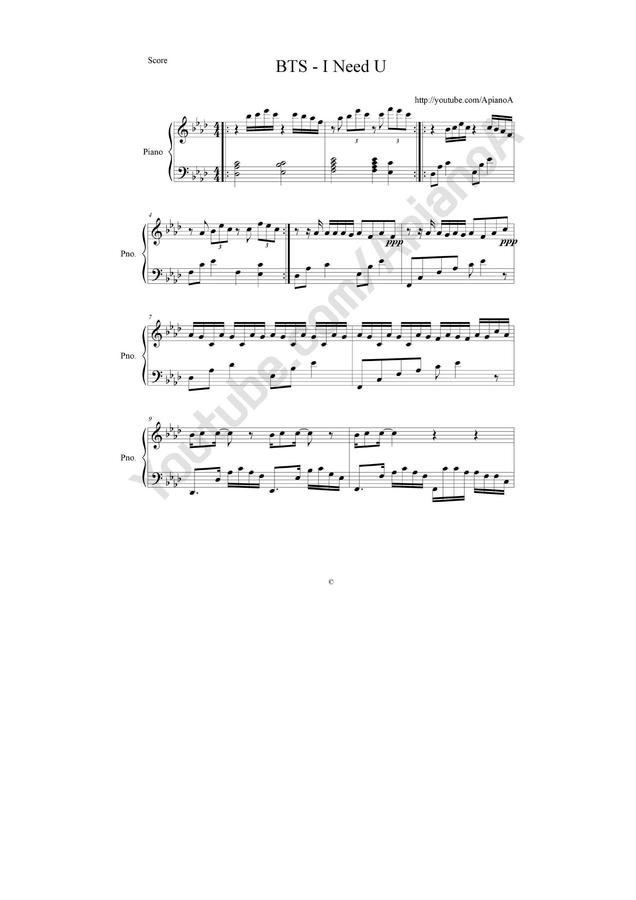 악보 > 방탄소년단 (BTS) - I NEED U by ApianoA