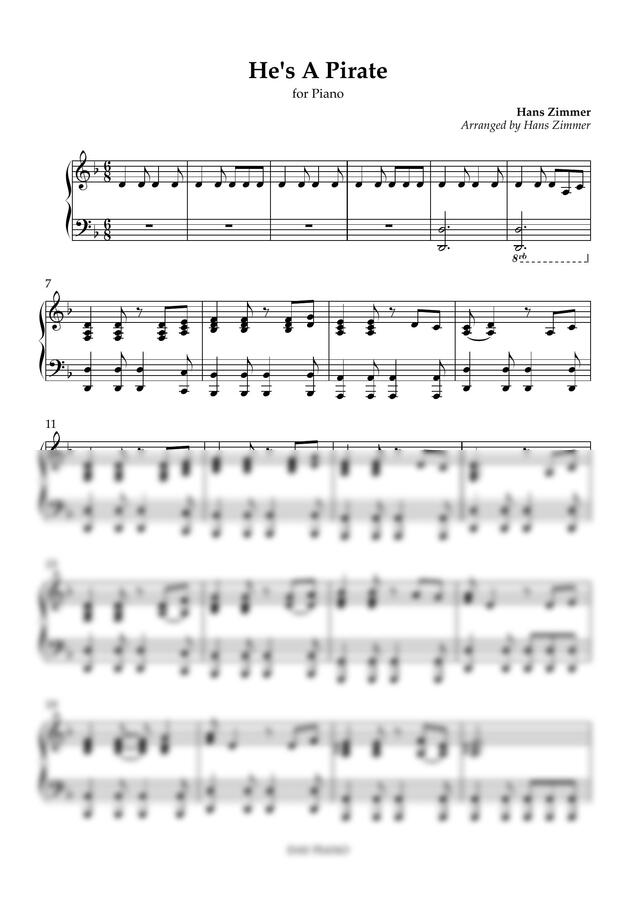 악보 > Hans Zimmer - He's A Pirate (체르니 100 수준) by 데이피아노