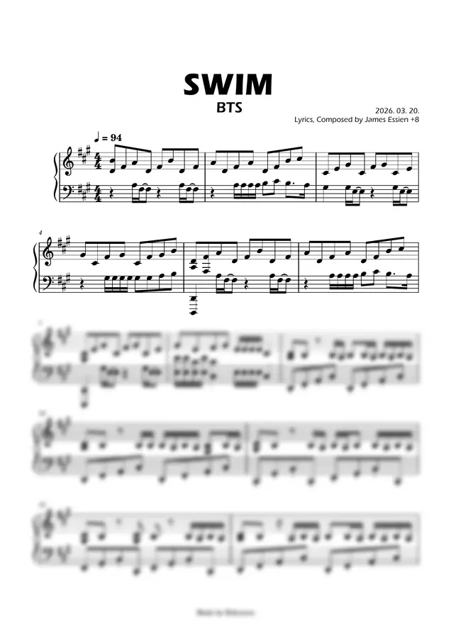 BTS (방탄소년단) - SWIM (어려운 악보) - Boknowa 피아노 악보 | 마피아
