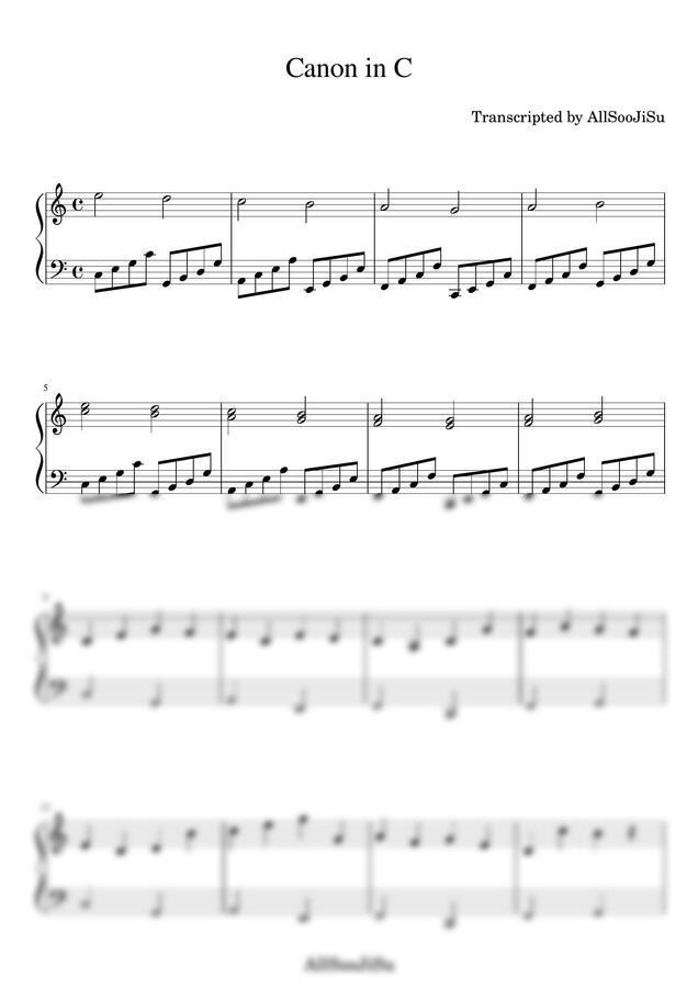 악보 > J. Pachelbel (파헬벨) - 캐논 변주곡(Canon in C) (쉬운 악보, 조표X) by AllSoo지수