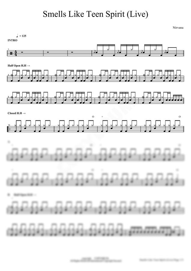 악보 > Nirvana - Smells Like Teen Spirit (Live) by 카피드럼