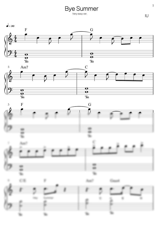 악보 > IU(아이유) - Bye Summer(원곡+쉬운악보+1절악보) by 피치피아노