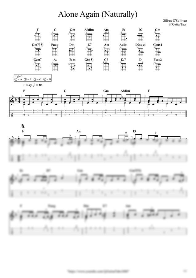 악보 > Gilbert O'Sullivan - Alone Again (Naturally) (독주) by GuitarTabs
