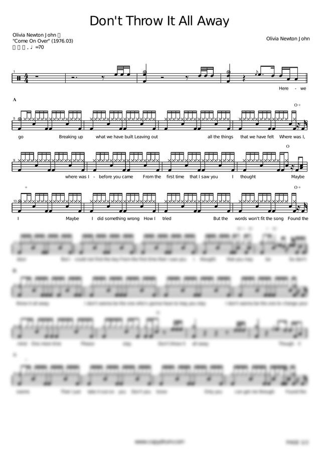 악보 > Olivia Newton John - Dont Throw It All Away by 카피드럼