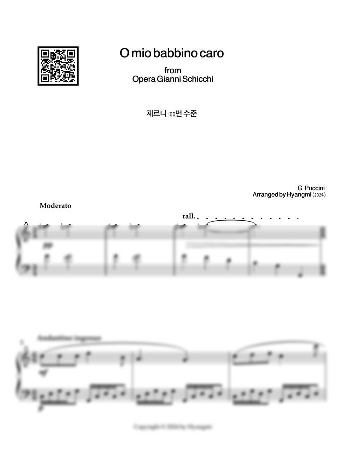 악보 G Puccini 오 나의 사랑하는 아버지 O Mio Babbino Caro 체르니 100번 수준 By