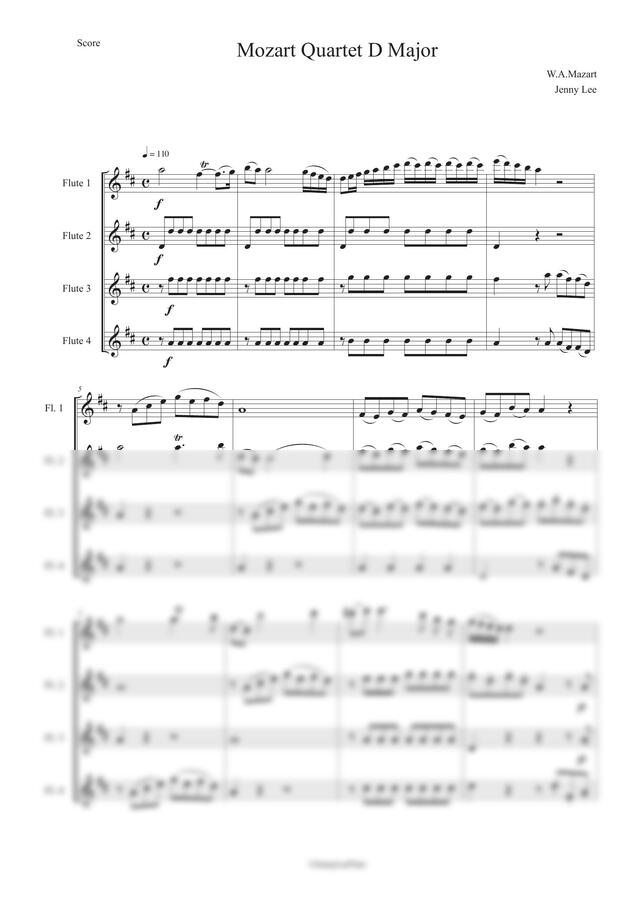 악보 > W.A.Mozart - Flute Quartet No.1 in D Major, K.285. 1. Allegro (플루트 4중주) by Jenny Lee flute