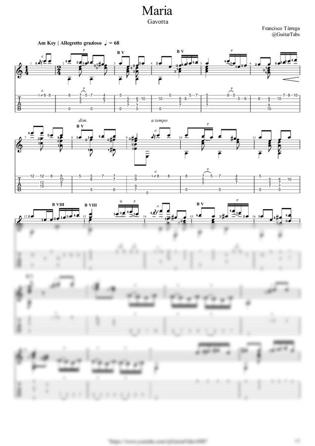 F. Tarrega - Maria(Gavotta) - GuitarTabs 어쿠스틱 기타 악보 | 마피아