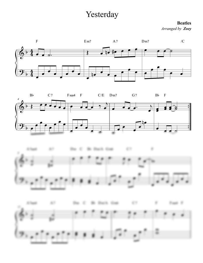 The Beatles - Yesterday - Zoey 피아노 악보 | 마피아