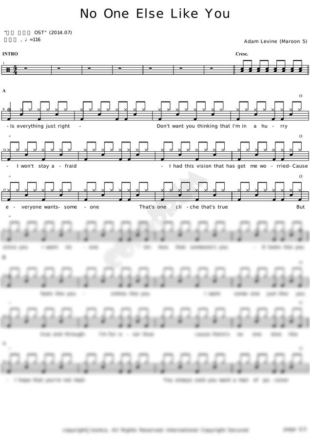 악보 > Adam Levine (Maroon 5) - No One Else Like You by 카피드럼