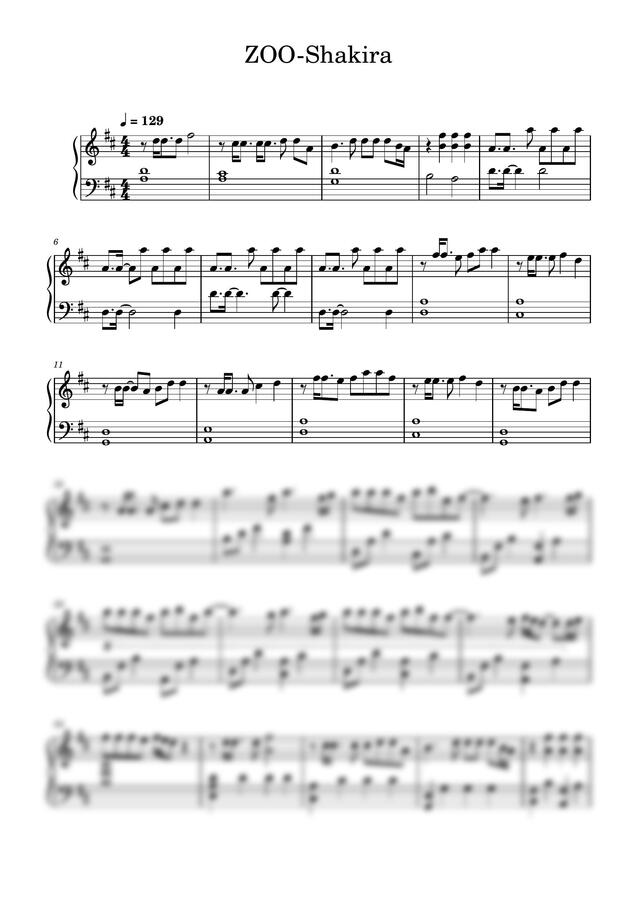 악보 > shakira - ZOO (D키,C키 쉬운악보) | HAZED헤이지드