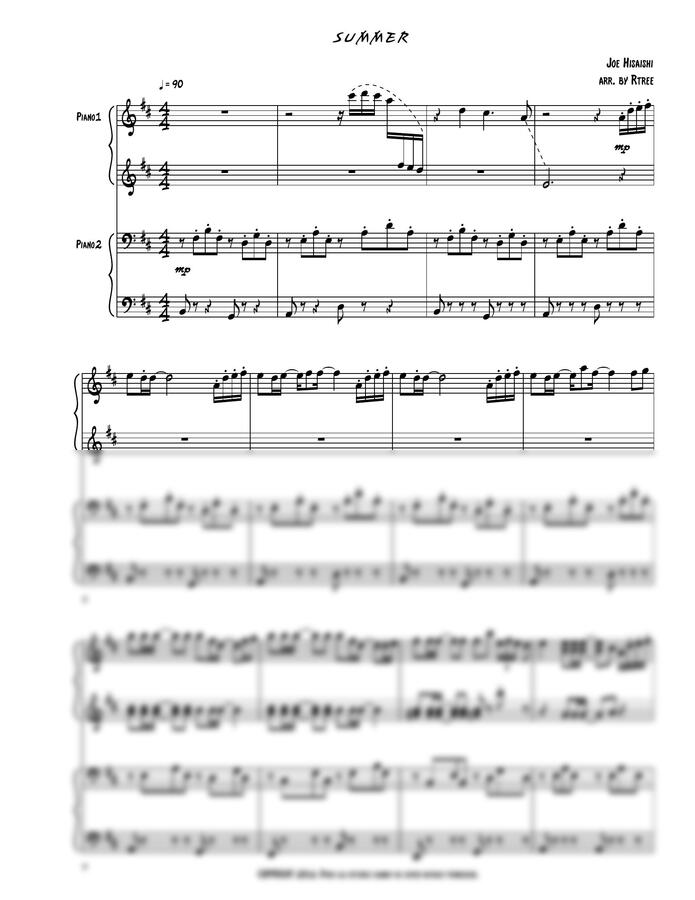 악보 Joe Hisaishi 히사이시 조 기쿠지로의 여름ost Summer 네 손을 위한 피아 By Rtree