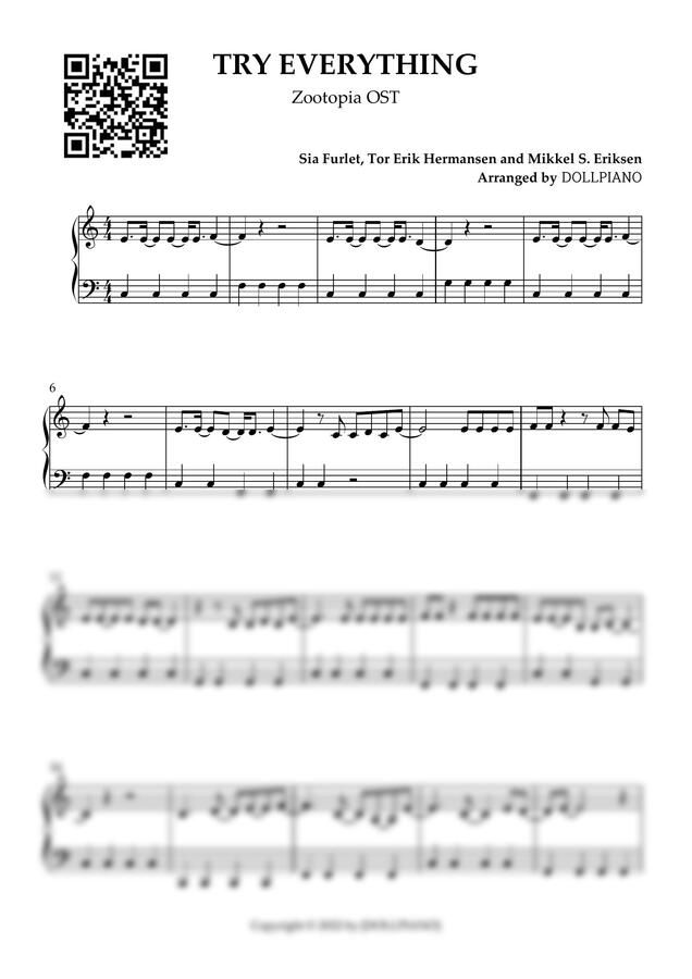 악보 > 주토피아 OST - Try Everything (다장조, 매우 쉬운 악보) by DOLLPIANO