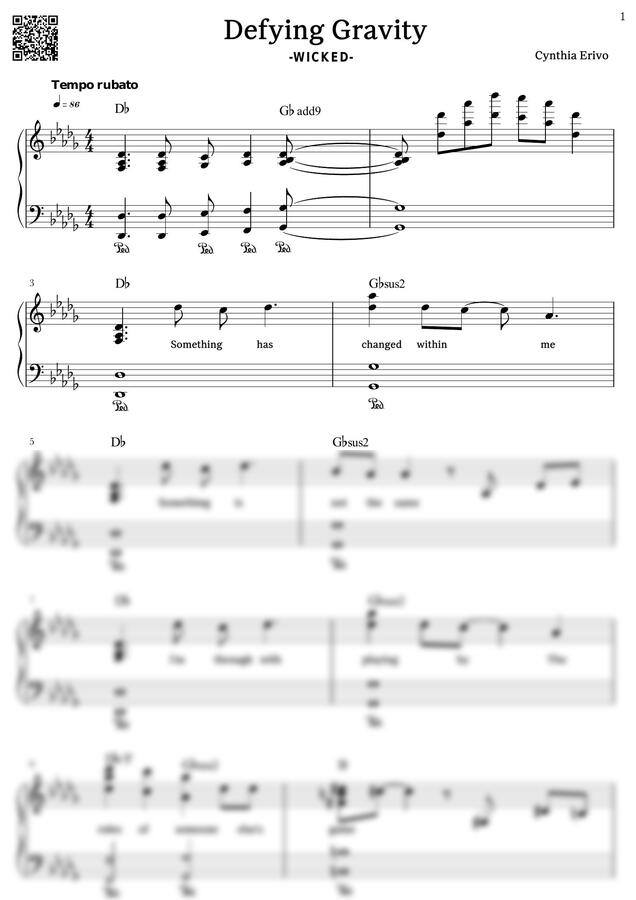 악보 > 위키드 영화 OST - Defying Gravity (원키+쉬운키) (코드+가사) by 피치피아노