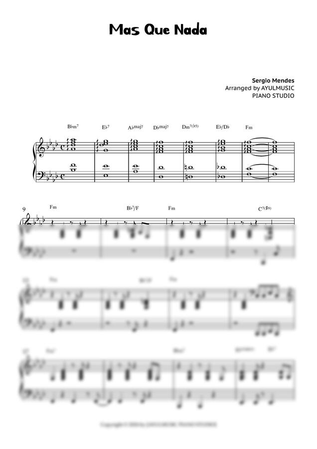 악보 > Sergio Mendes - Mas Que Nada (라틴 재즈피아노 코드 연주) | AYULMUSIC PIANO STUDIO