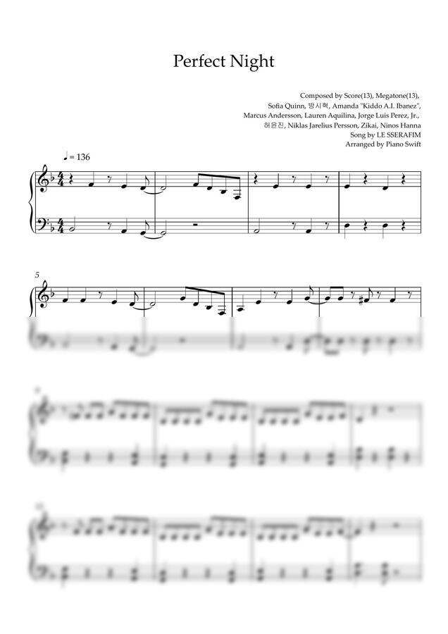 악보 > LE SSERAFIM(르세라핌) - Perfect Night (초급 악보) by 피아노스위프트