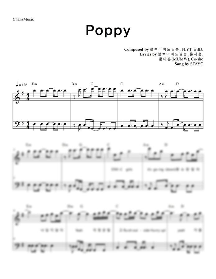 악보 > STAYC (스테이씨) - Poppy (가사, 쉬운 악보) | 찬스뮤직