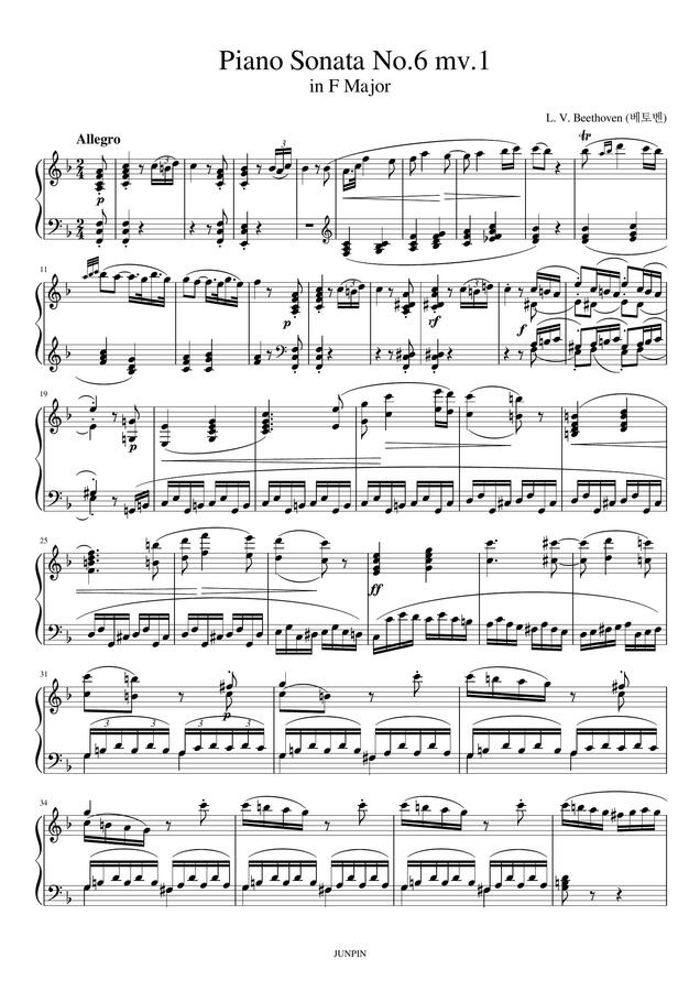 악보 > L. V. Beethoven (베토벤) - Piano Sonata No.6 mv.1 in F Major (소나타 6번 1악장) by JUNPIN