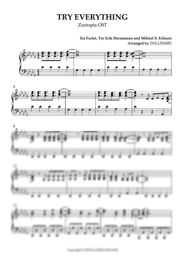악보 > 주토피아 OST - Try Everything (중급 악보) by DOLLPIANO