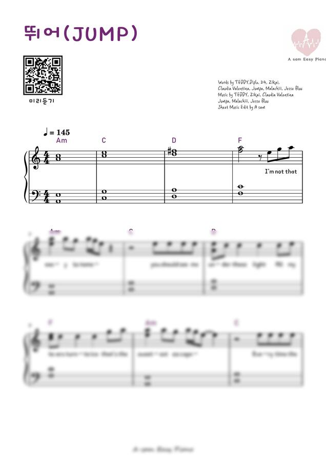 악보 > 블랙핑크(BLACKPINK) - 뛰어(JUMP) (쉬운악보,1절) by 에이쌤