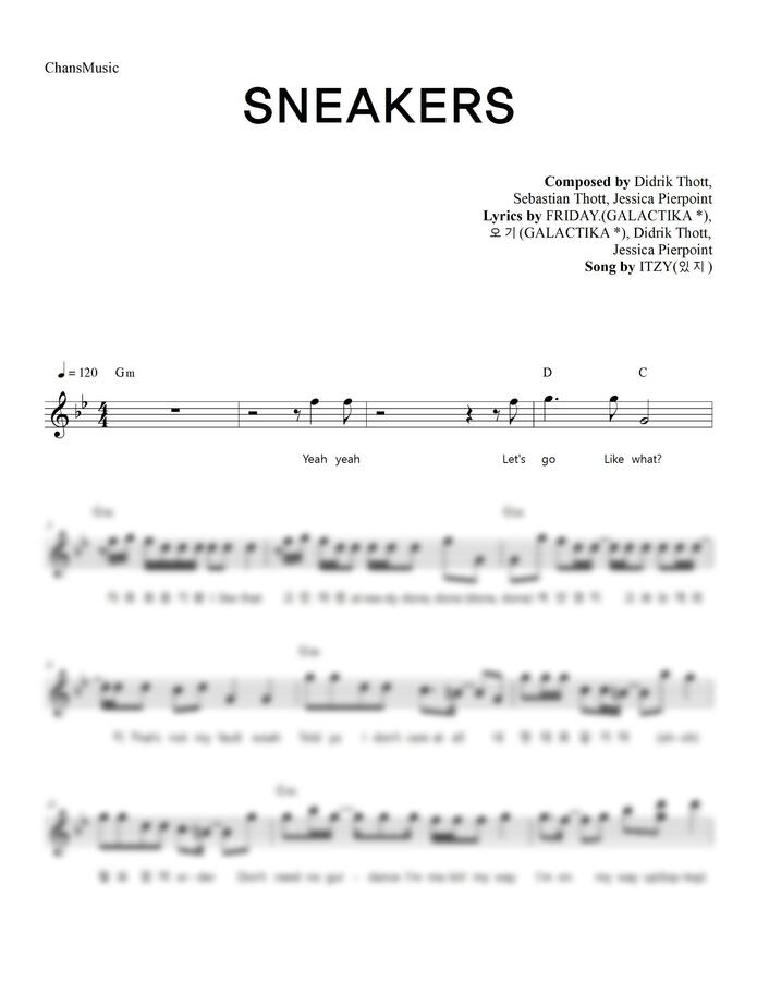 악보 Itzy 있지 Sneakers 스니커즈 멜로디 악보 By 찬스뮤직