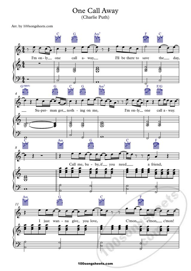 악보 > Charlie Puth - One Call Away (피아노 3단)