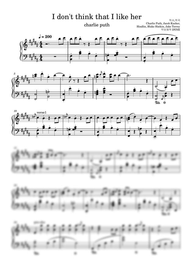 악보 > Charlie Puth - I don't think that I like her (피아노 악보) by DYNE