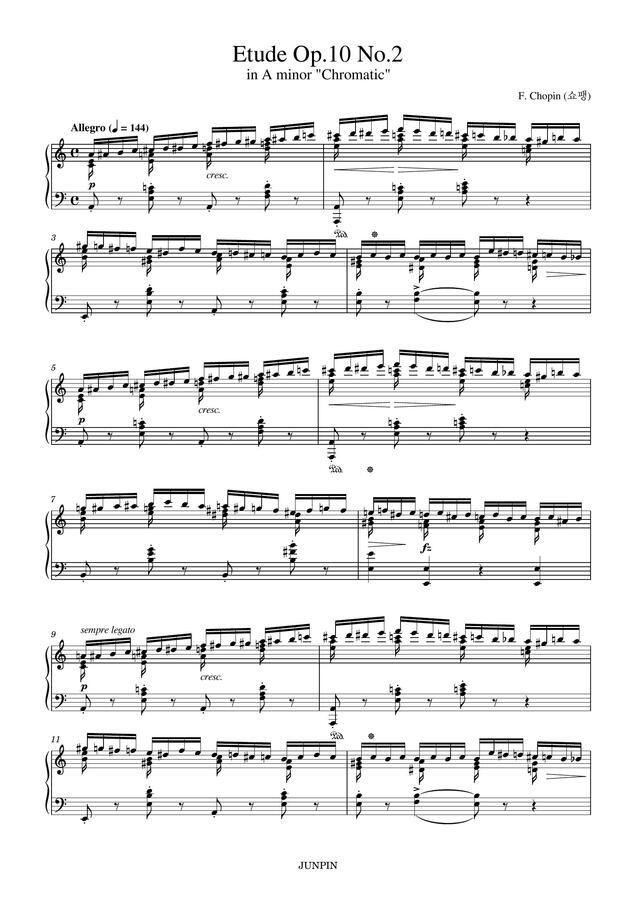 악보 F Chopin 쇼팽 Etude Op 10 No 2 In A Minor Chromatic 에튀드 2번