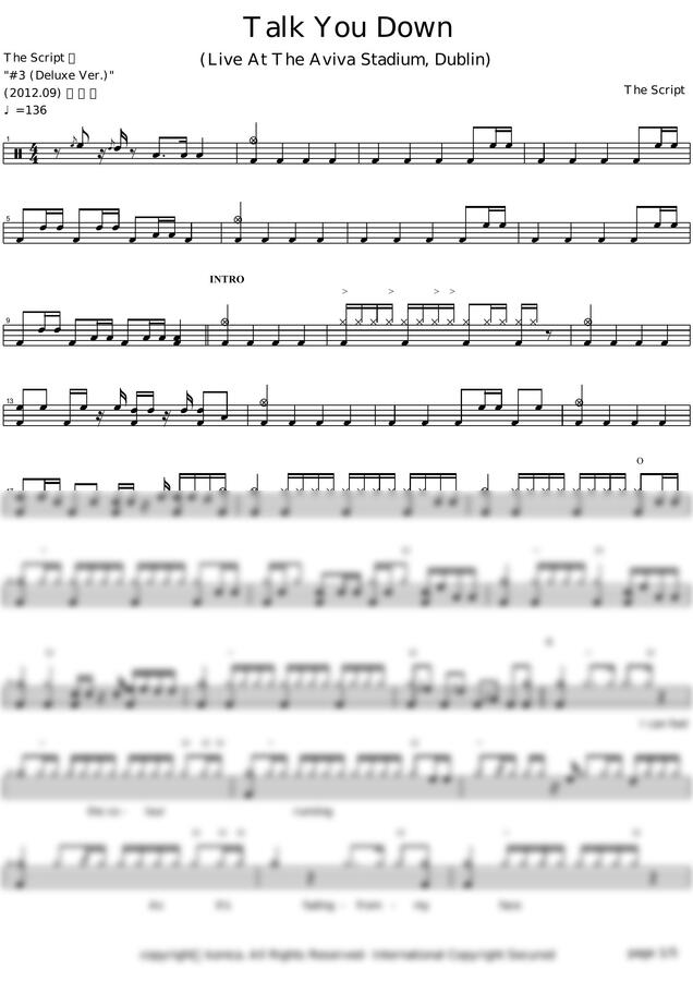 악보 > The Script - Talk You Down (Live At The Aviva Stadium, Dublin) by 카피드럼