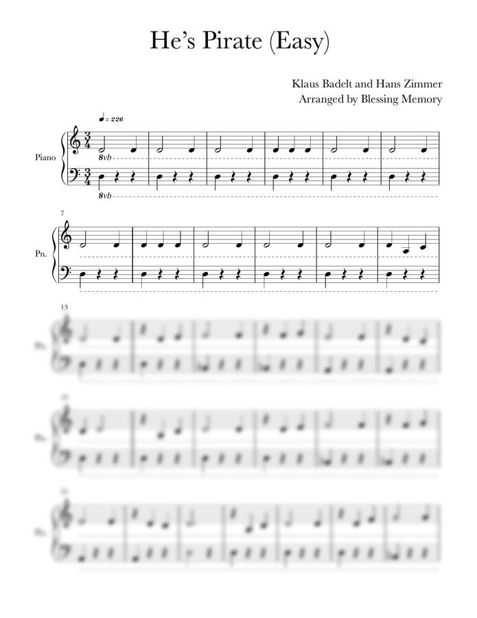 악보 > 캐리비안의 해적 OST - He’s A Pirate (매우쉬운 악보) by Blessing Memory
