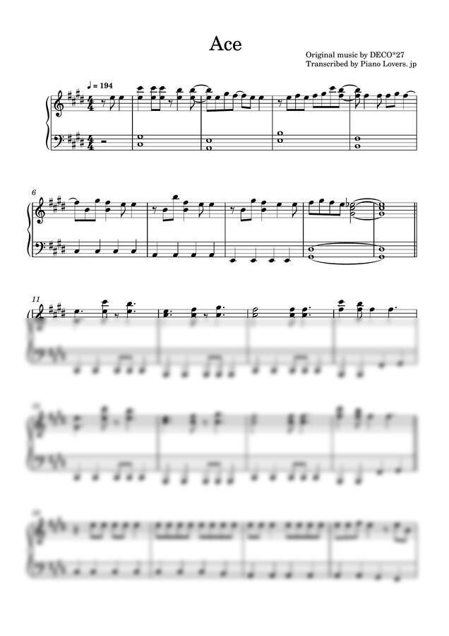 악보 > CHiCO - Ace (샹그릴라 프론티어) by Piano Lovers. jp