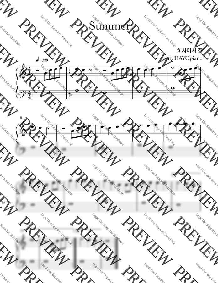 악보 > 기쿠지로의 여름 OST - Summer 썸머 (다장조 초급2개버전) by HAYOpiano