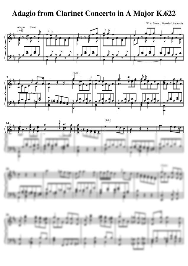 악보 > W. A. Mozart - Adagio from Clarinet Concerto in A K.622 by Lisztmapia