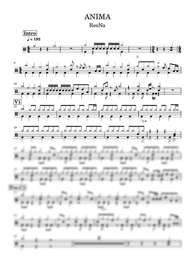 악보 > ReoNa - ANIMA (드럼악보) by Drummer KWI