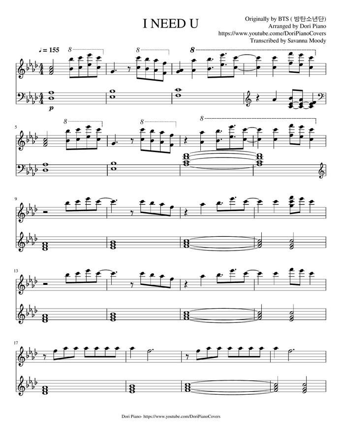 악보 방탄소년단 Bts I Need U By Dori Piano