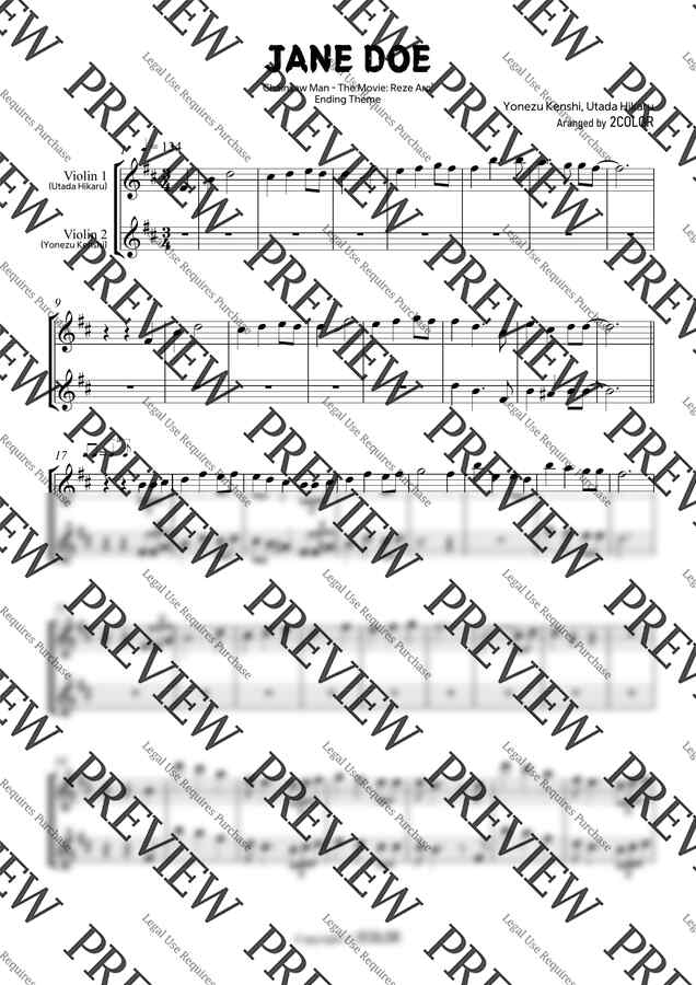 악보 > KenshiYonezu, Hikaru Utada - 체인소맨 레제편 OST 'JANE DOE'(제인도) (쉬운 듀엣 연주) by 2COLOR 투컬러
