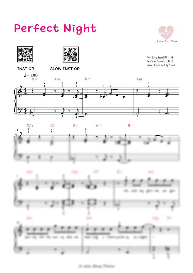 악보 > LE SSERAFIM (르세라핌) - Perfect Night (쉬운악보,QR) by 에이쌤