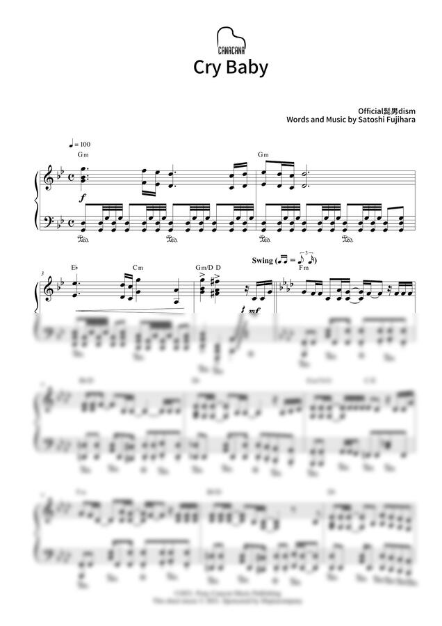 악보 > Official髭男dism - Cry Baby by CANACANA family